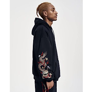 Niepce Inc Streetwear Men's Dragon Embroidered Heavyweight Graphic Hoodies (black-dragon, Large)