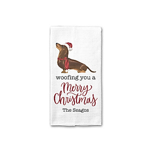 Woofing You A Merry Christmas Kitchen Towel | Personalized Dachshund Tea Towel | Puppy Owner | Golden Retriever Hand Towel | Dog Lover Gift | New Pet Decor (Brown Dachshund)