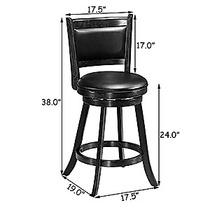 COSTWAY Bar Stools Set of 2, 360 Degree Swivel, Accent Wooden Swivel Back Counter Height Bar Stool, Fabric Upholstered Design, PVC Cushioned Seat (2 stools, Black 24'' Height)