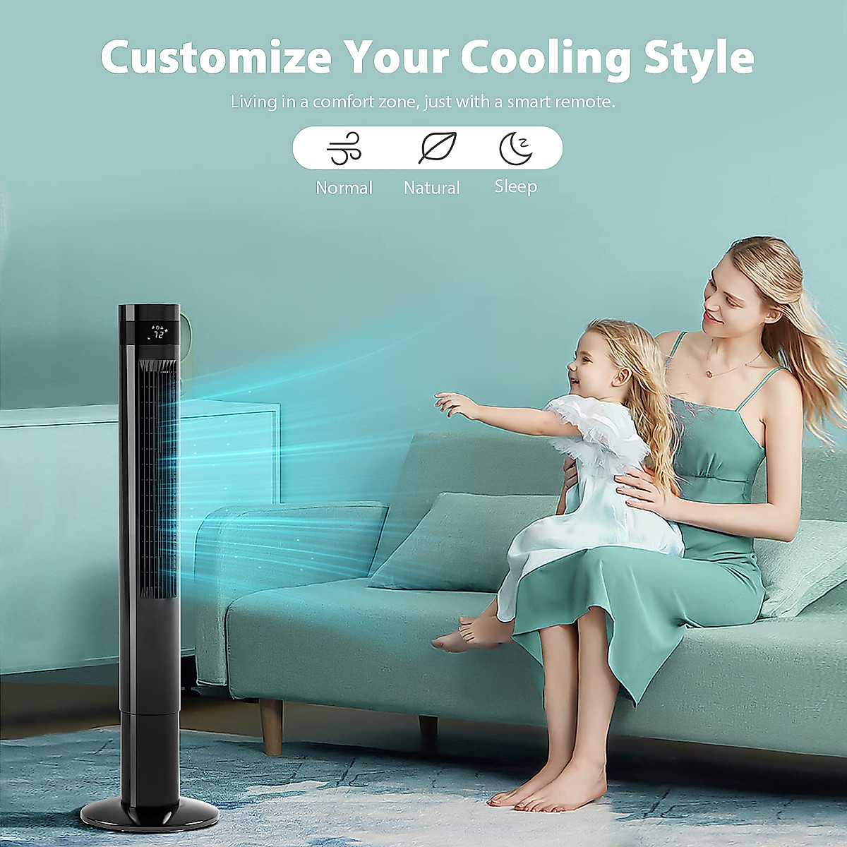 Antarctic Star Tower Fan Portable Floor Fans 85°Oscillating Fan 43'' Quiet Cooling 12H Timer Remote Control Standing Bladeless Electric 3 Speeds Wind 3 Modes Bedroom Office(43 inch, Black)