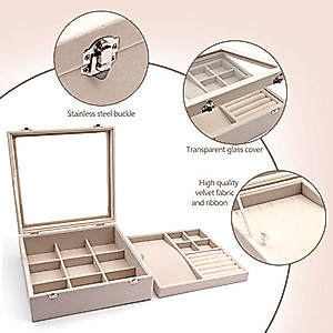 KLOUD City Jewelry Box with Glass Lid Two-Layer Jewelry Box Organizer Display Storage case (Beige)