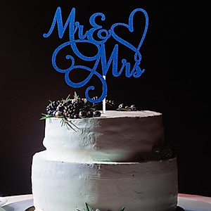 Mr & Mrs Cake Toppers Wedding Bride And Groom Blue Glitter, Wedding Engagement Cake Picks Bridal Shower Cake Decorations, Mr And Mrs Party Decorations Cake Decor