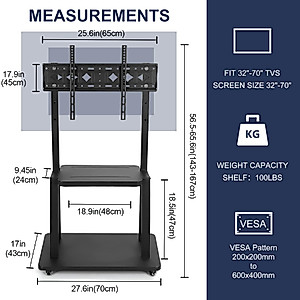 Maiproo Mobile TV Cart Rolling Floor Stand for 32-70 Inch LCD LED OLED Flat Panel Screens Smartboard Movable Holds up to 100lbs with Shelf Locking Wheel Height Ajustable Heavy-Duty