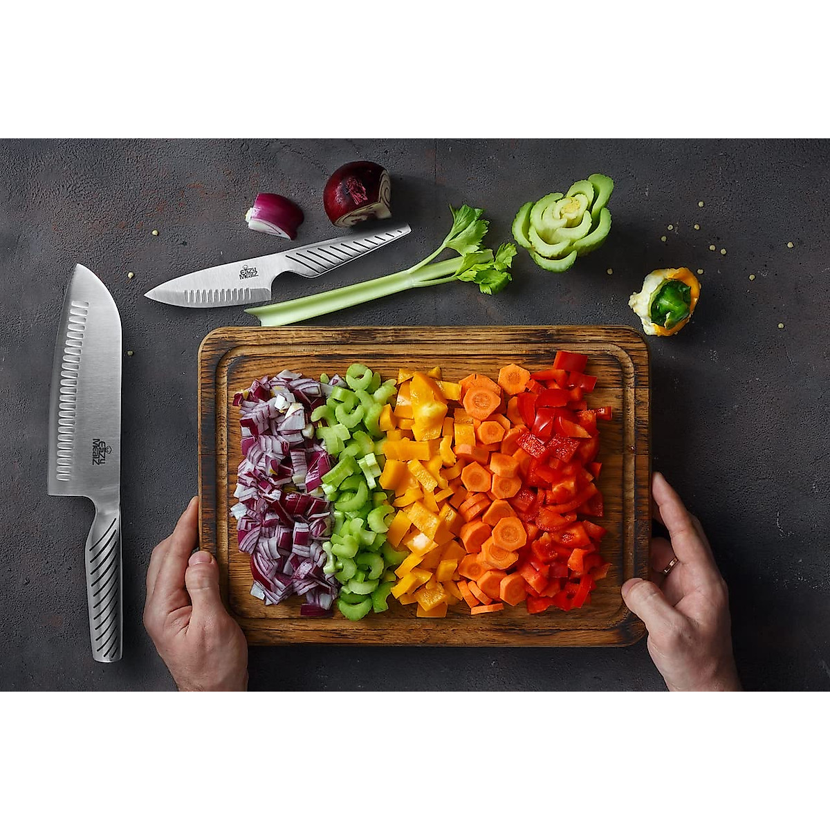 EaZy MealZ Super-Max Sharpness 2 Piece Knife Set | Stainless Steel | Non-Slip Comfort Grip | Professional Quality | All-Purpose | 7” Santoku & 4” Chef’s Knife