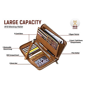 LETEULO Womens Wallets RFID Blocking Leather Wallets for Women Zip Around Clutch Purses Vintage Billfolds Card Organizer Purse (Coffee)