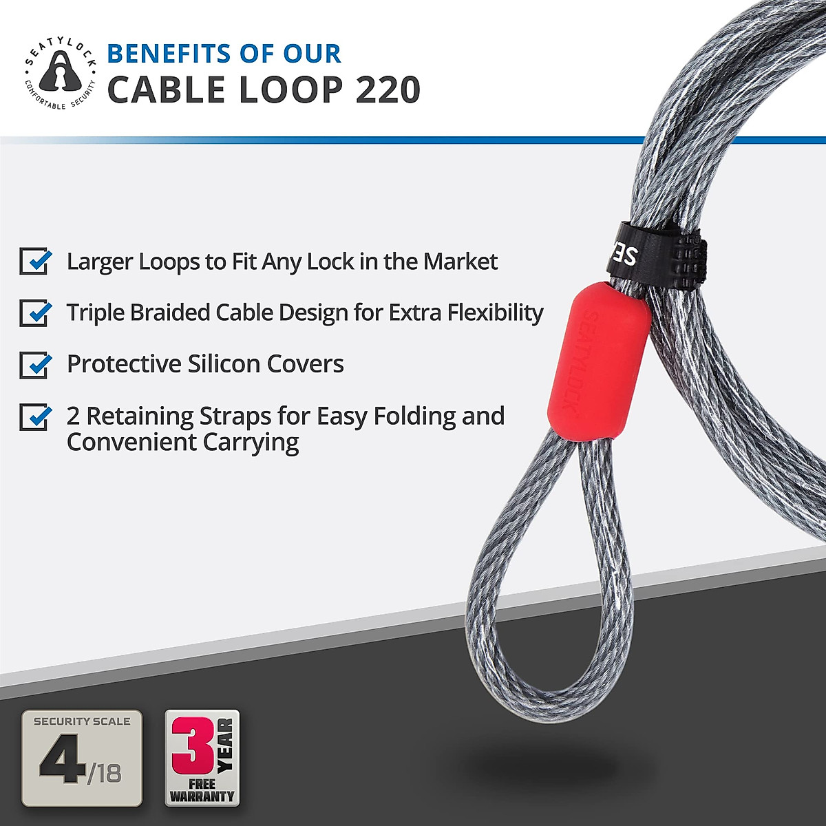 SeatyLock Bike Cable Lock - Anti Theft Triple Braided Steel Cable with Loops for Bike Security - Universal Fit Flexible Large Locking Cables for U Lock D Lock Chain Lock or Folding Lock - 86.6"