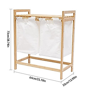 Bamboo Laundry Hamper with Dual Compartments,2 Section Floor Stand Bathroom Storage Shelf Cabinet with Removable Sliding Bags & Shelf Large Freestanding Portable Laundry Basket Hamper Organizer