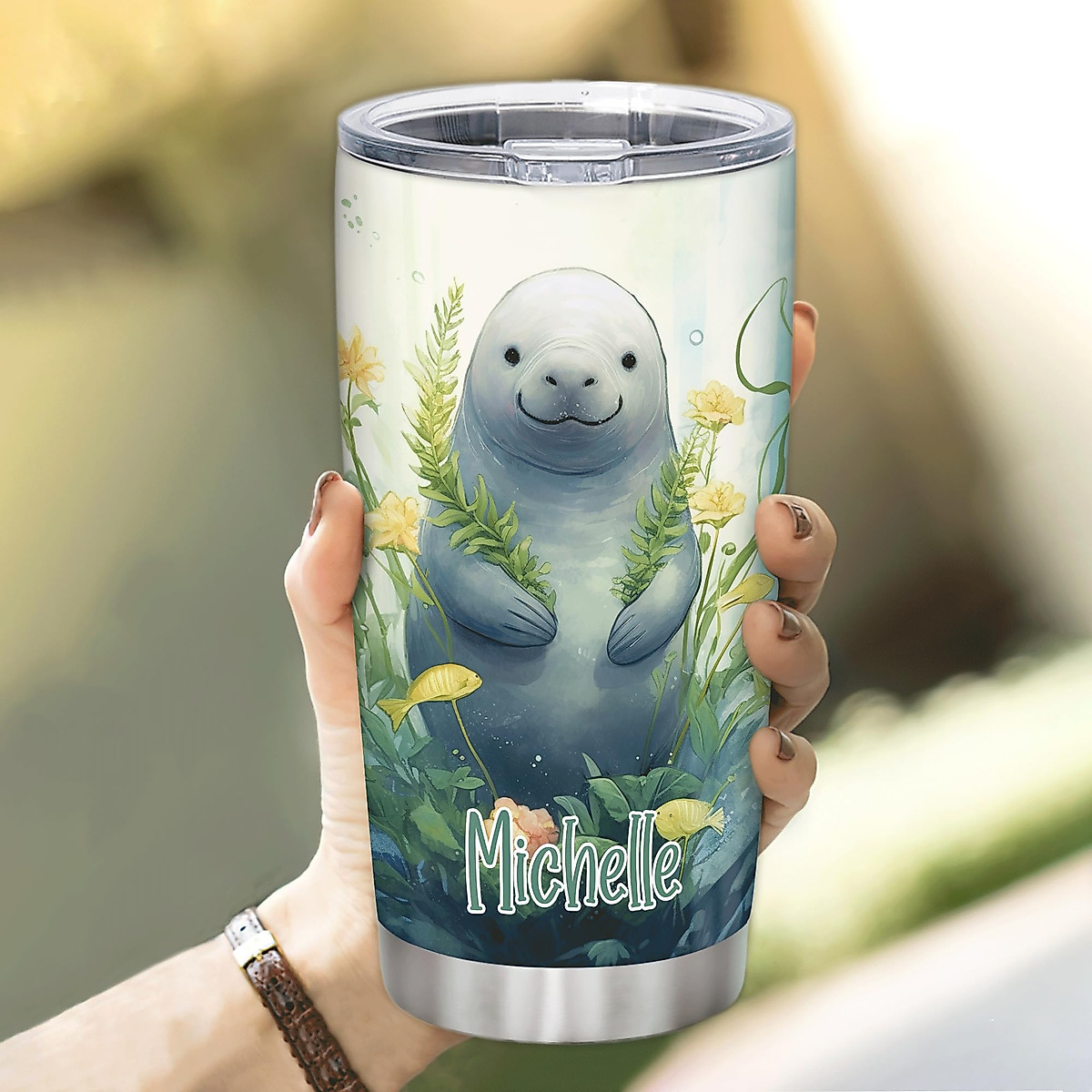 Hyturtle Personalized Gifts Manatee Lover - Me A Manatee Customized Name Stainless Steel Tumbler 20 oz With Lid - Idea Cute Sea Animal Lover Gifts For Women, Girl, Kids On Birthday, Christmas