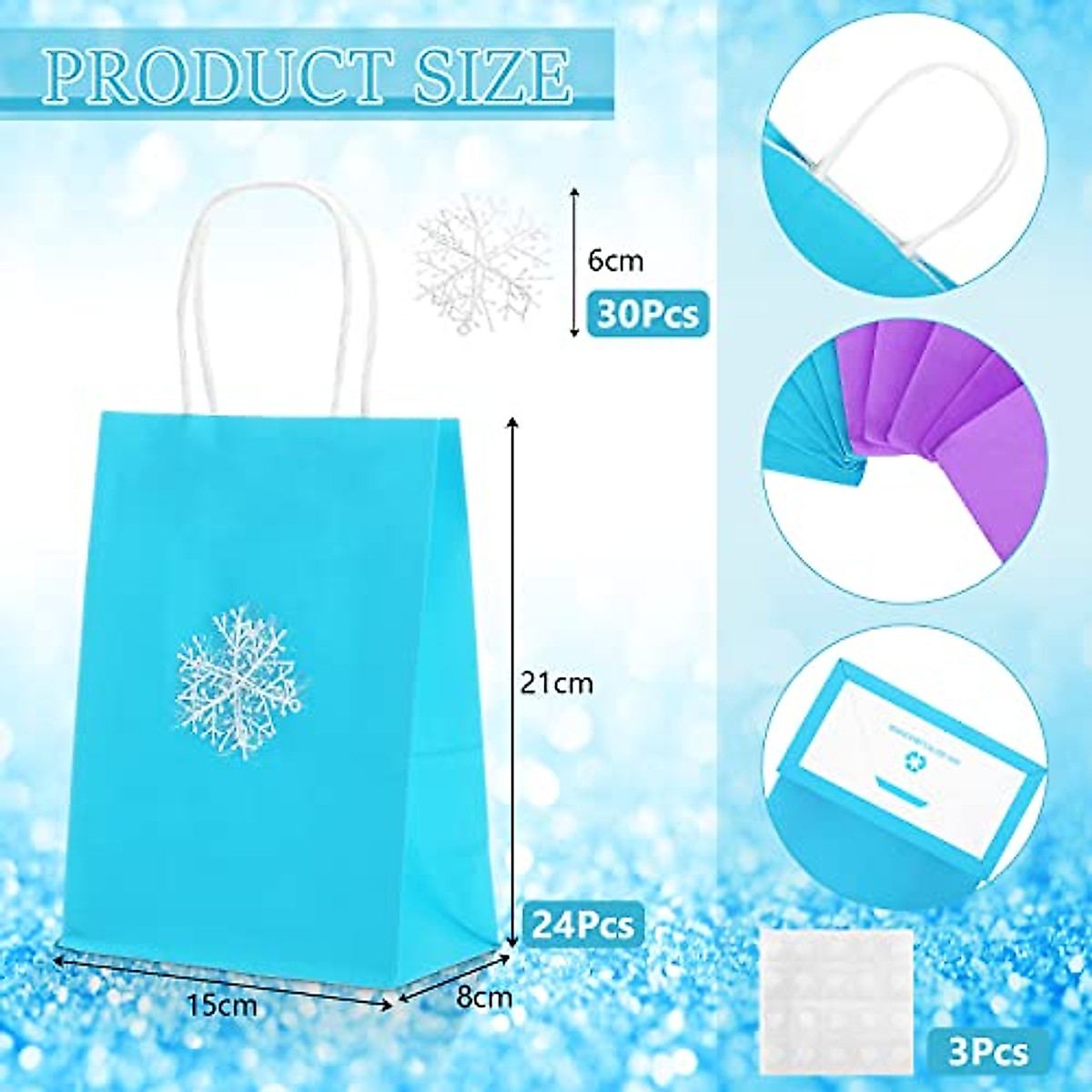 24 Pieces Snowflake Party Favor Bags Kraft Paper Bags with Plastic Snowflake Gift Bags with Handles Birthday Paper Bags Candy Bags for Birthday Baby Shower Wedding Christmas Party Celebrations