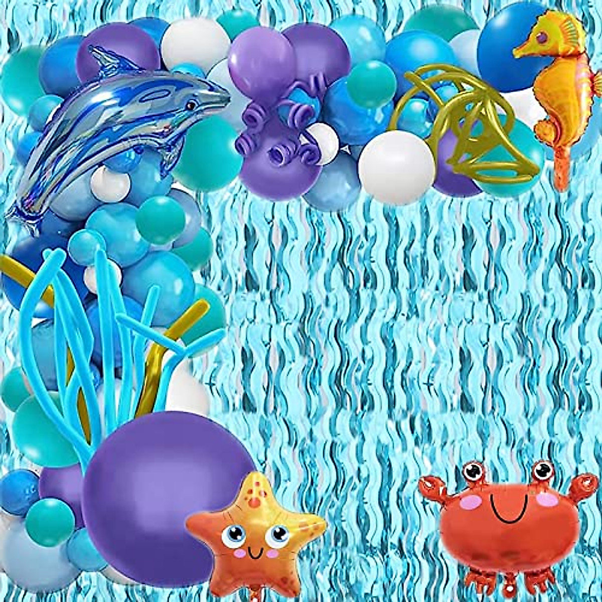 3 Pack 3.2 ft x 6.6 ft Teal Blue Matte Wavy Fringe Foil Curtains Photo Backdrop for Mermaid Birthday Party Decorations,Under The Sea Party Decorations