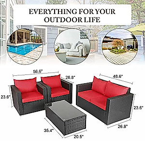 KINBOR BABY 4 PCS Patio Furniture Set-Porch Furniture, Patio Conversation Sets with Washable Cushions and Tea Table for Backyard Pool (Red)