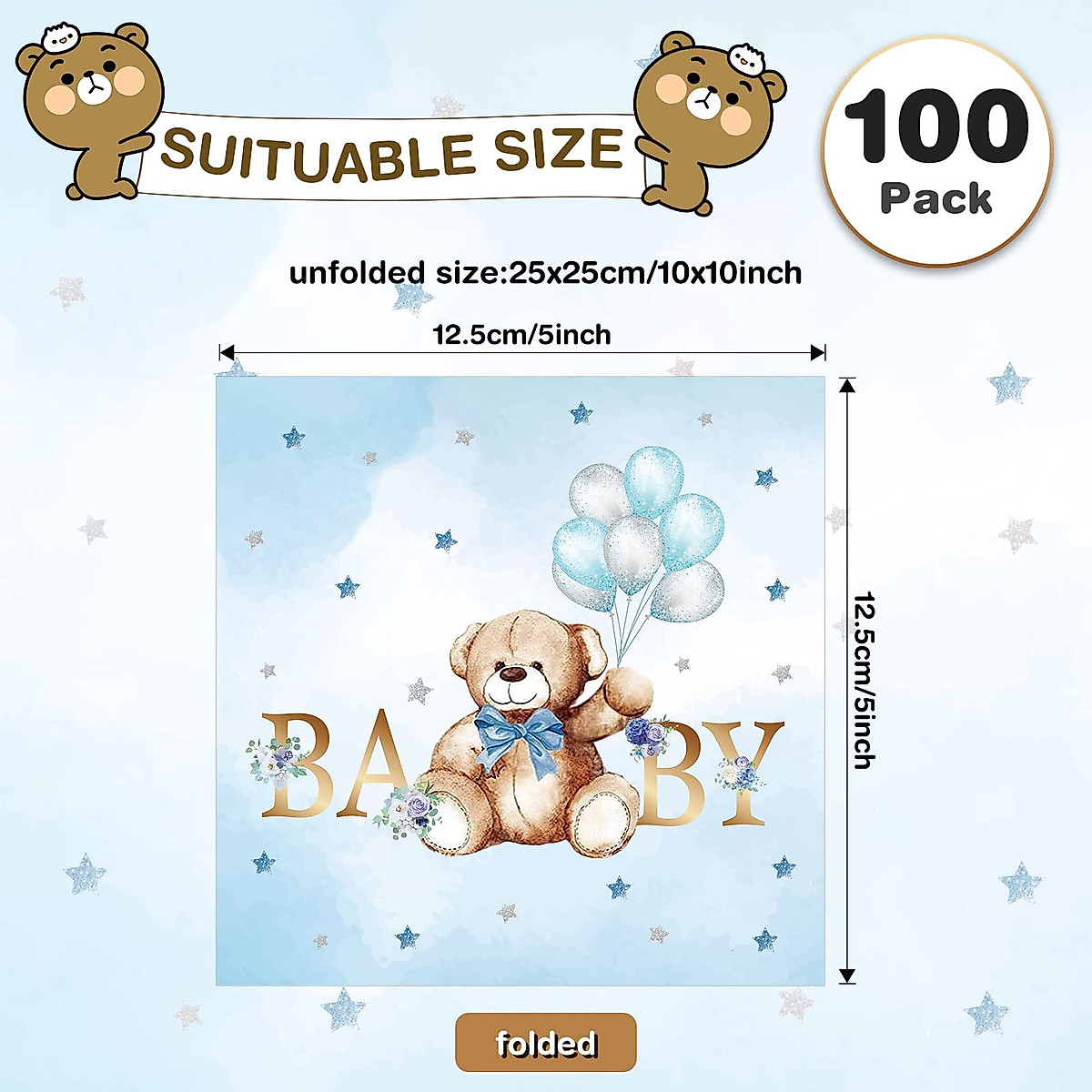 100 Pack Bear Baby Shower Napkins Square Bear 3 Ply Paper Napkins Blue Disposable Balloon Star Bear Cocktail Napkins for Baby Shower Gender Reveal Birthday Party Decorations, 5 x 5 Inch