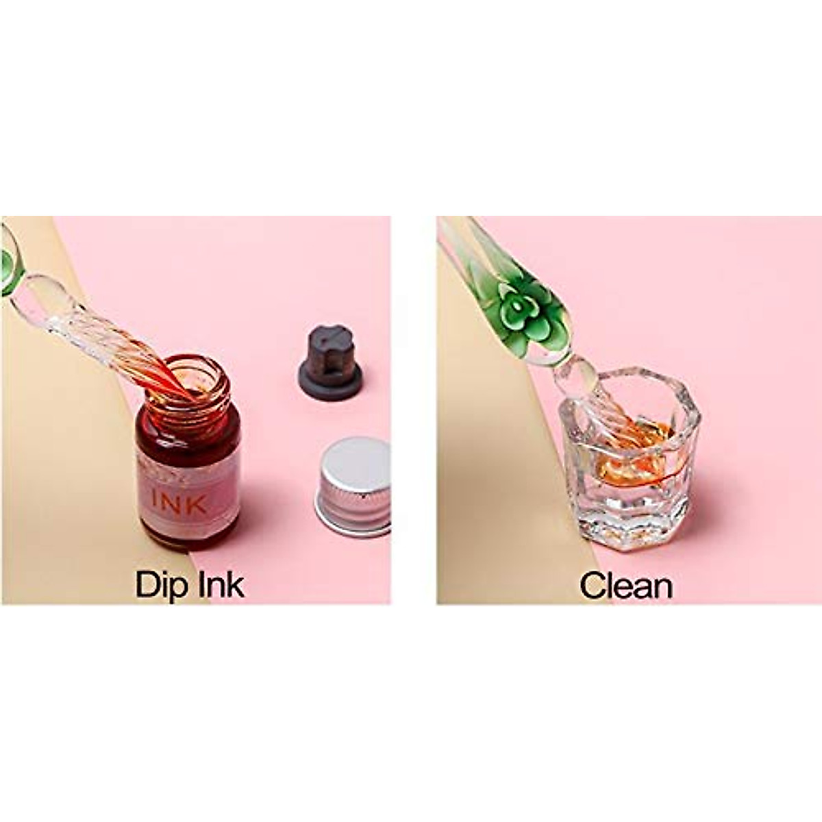 XIAOYU Glass Dip Pen Ink Set, 16 Pieces Calligraphy Pens Set - 12 Colorful Inks, Pen Holder, Cleaning Cup, 2 Crystal Glass Pens for Writing, Signature - Yellow