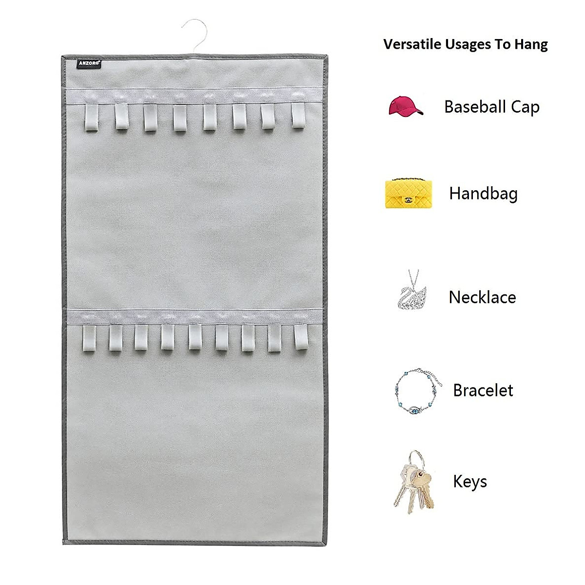 ANZORG Dual-sided Hanging Jewelry Organizer with 34 Hook Loops Wall Mounted Necklace Holder Jewelry Display Storage Hanger for Bracelet Chain (GREY)