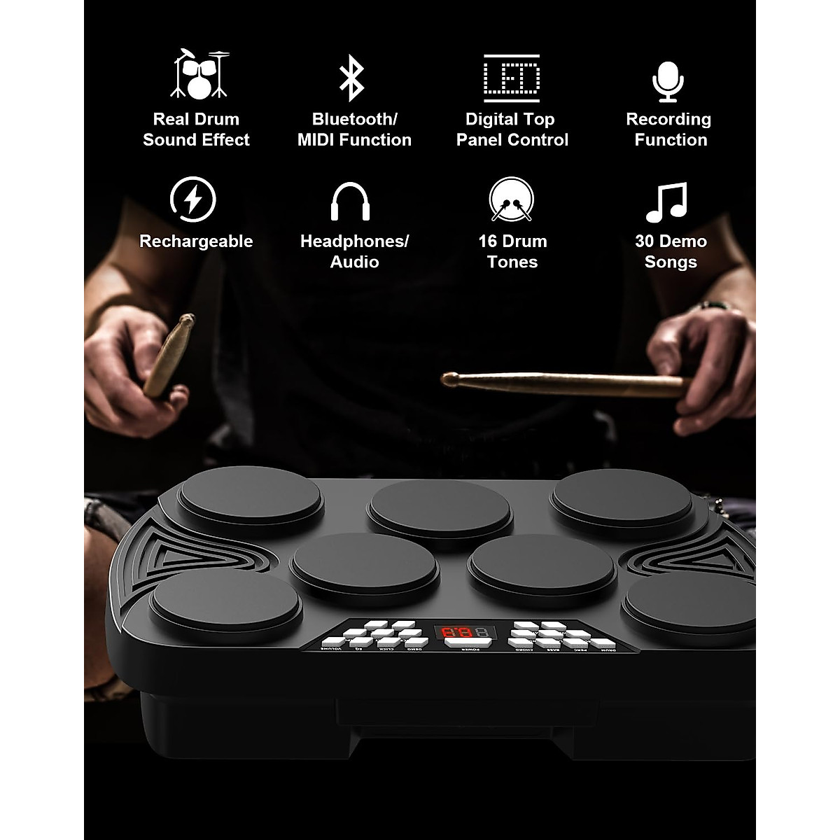 KONIX Electronic Drum Set, Tabletop Electric Drum Kit, 7 Pad Portable Digital Drum Pad Machine with Digital Panel, Built-in Speakers, PC Connection Support, Ideal Gift for Teens and Adult Beginners