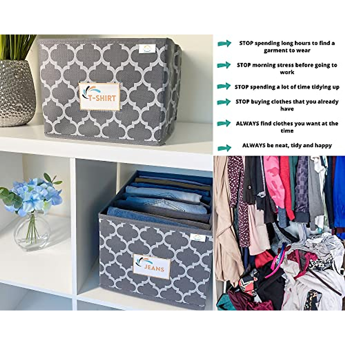 About tidy Love 7 Grids Closet Organizer, Sturdy Wardrobe Clothes Organizer for Folded Clothes, Clothes Storage Organizer for T-Shirts, Jeans, Drawer Divider Storage - Set of 2 w/ 12 labels