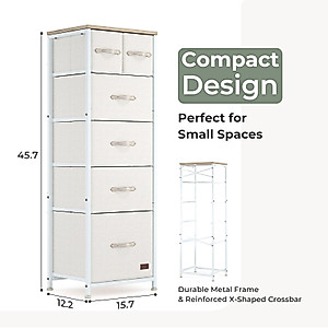 HUWAILE Fabric Dresser, 6-Drawer Tall Dresser for Bedroom, Vertical Dressers & Chests of Drawers with Wooden Top Metal Frame for Clothes, Kids Room, Living Room, Hallway, Entryway (White)