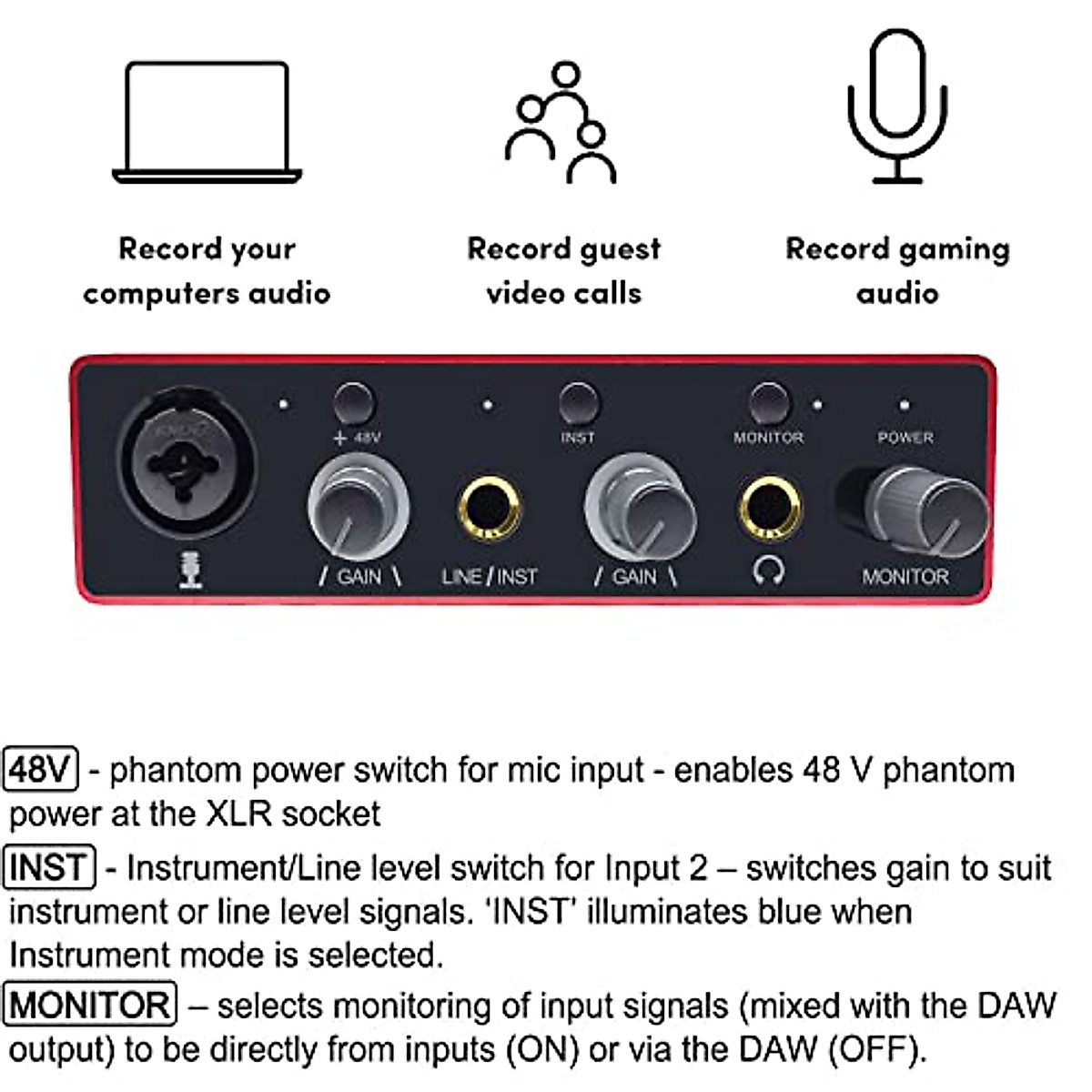 Audio Interface USB Audio Interface with Mic Preamplifier USB Audio Mixer Recorder with 48V Phantom Power, 24 Bit, Support Tablet, Computers and Other Equipment Recording （NO DAW Software included）