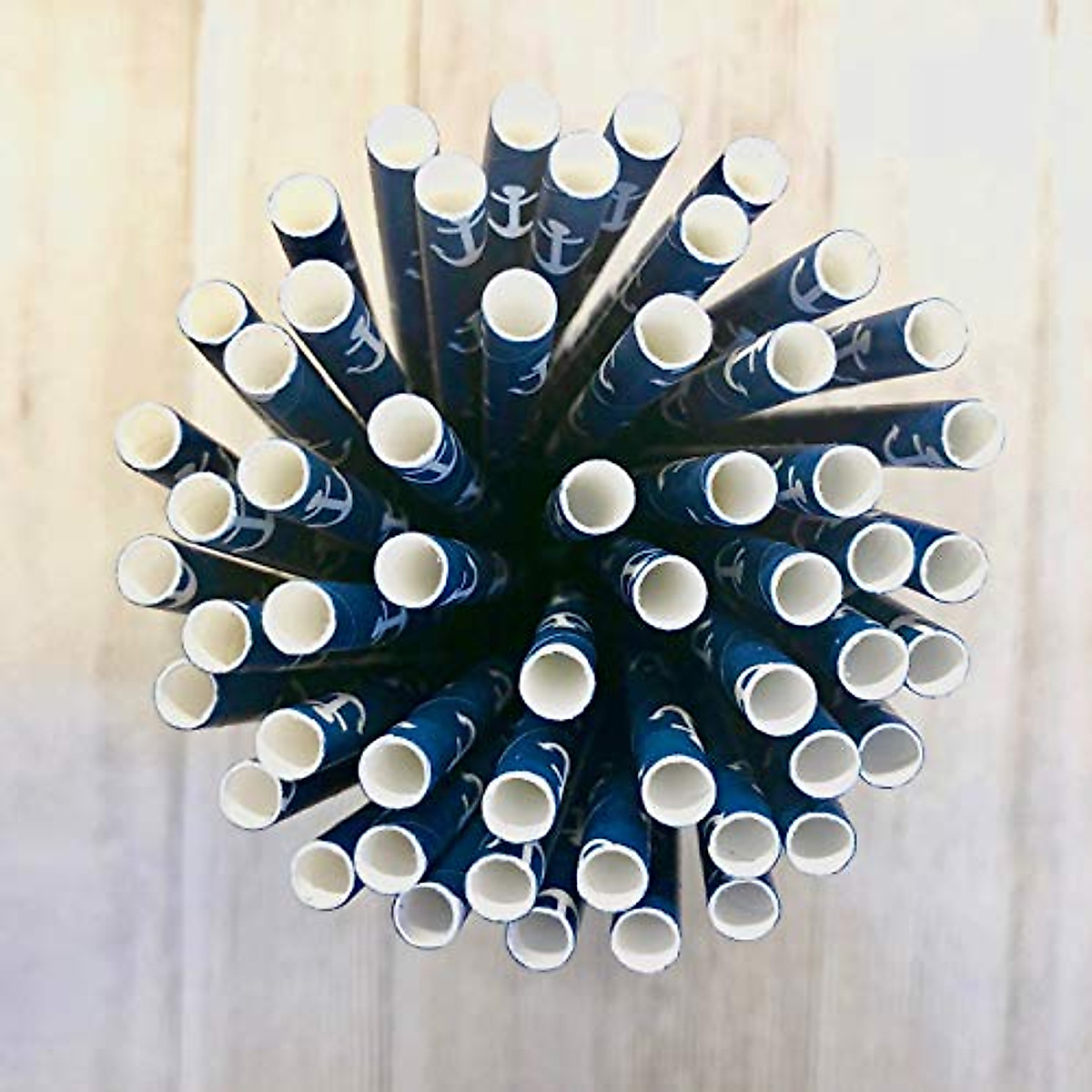 Anchor Nautical Themed Paper Straws - Navy Blue White - 50 Pack