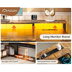 AODK L Shaped Desk with 5 File Drawers, 66" Reversible L Shaped Computer Desk with Power Outlet & LED Strip, Office Desk with Storage Shelves, Gaming Desk with Monitor Shelf, Corner Desk, Vintage