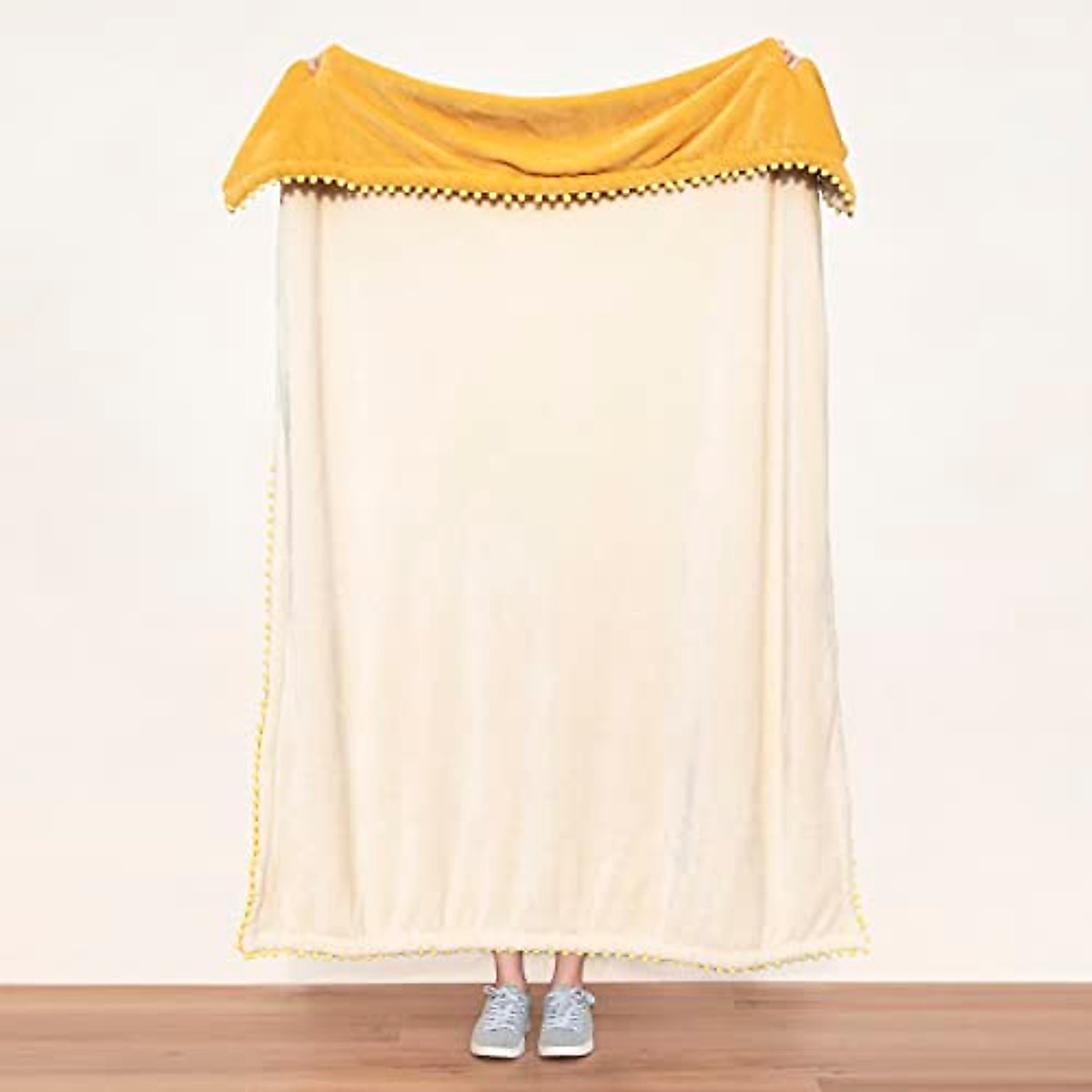MONDAY MOOSE Cozy Fleece Throw Blanket with Pom Pom Fringe, Super Soft Lightweight Microfiber Flannel Blanket, Double-Sided Designs, for Couch Bed Sofa Home Decor (50x60 inch, Yellow/Beige)