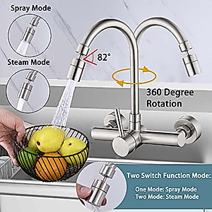 Wall Mount Unility Kitchen Sink Faucet Brushed 8 Inch Center Faucet with Gooseneck Swivel Spout Single Handle Kitchen Faucet Utility Laundry Restaurant Mixer Tap Stainless Steel Constructed Lead-Free