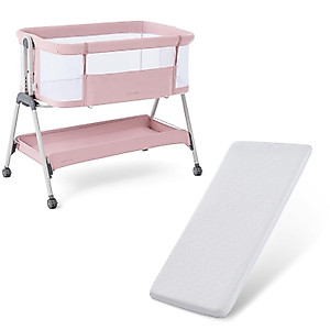 ANGELBLISS Baby Bassinet Bedside Sleeper with Gel Memory Mattress Topper, Easy Folding Portable Bassinet for Baby with Wheels, Mattress with Removable Cover