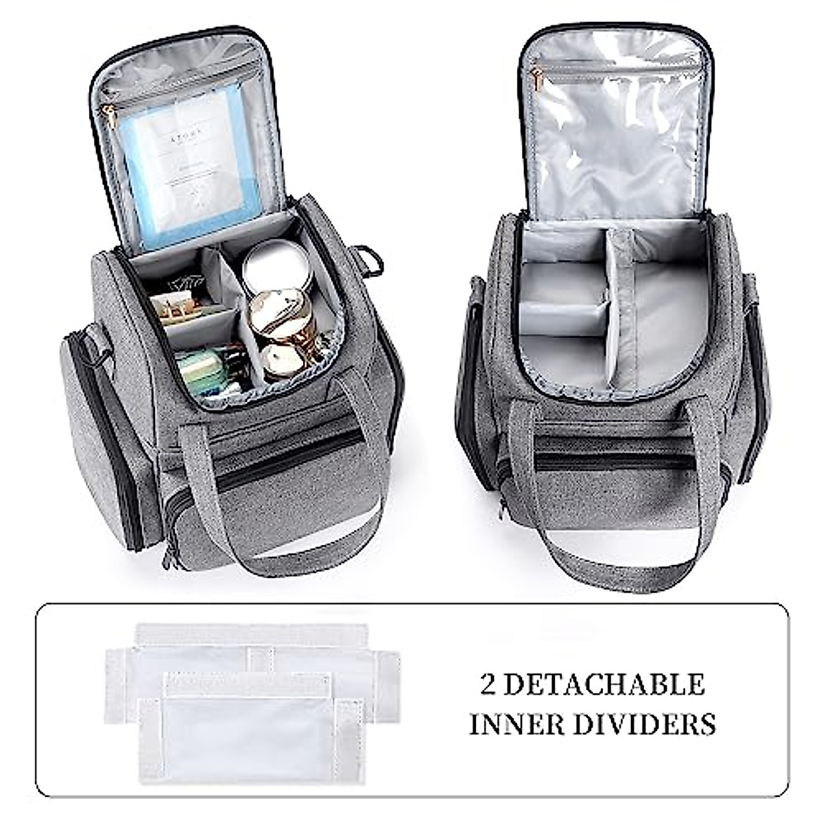 LEAFFUP 2 Layers Large Travel Makeup Bag with 2 Removable Pouches, Large Cosmetic Bag with Detachable Partition, Portable Cosmetic Bag with Multiple Storage Sections (Patent Pending), Grey