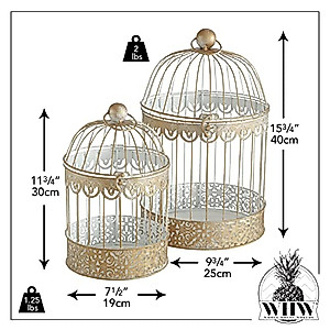 WHW Whole House Worlds Hamptons Romantic Gold Bird Cages, Set of 2, Decorative, Table Top Centerpieces, Latch Top, Metal, Handmade, 11.75 and 15.75 Inches