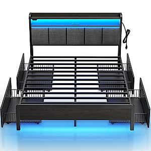 Rolanstar Bed Frame Queen Size with Charging Station and LED Lights, Upholstered Storage Headboard with Drawers, Heavy Duty Metal Slats, No Box Spring Needed, Noise Free, Easy Assembly, Dark Grey
