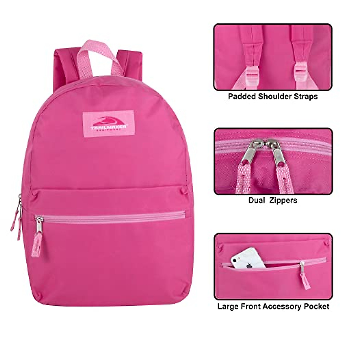 Trailmaker Classic 17 Inch Backpack with Adjustable Padded Shoulder Straps (Pink)
