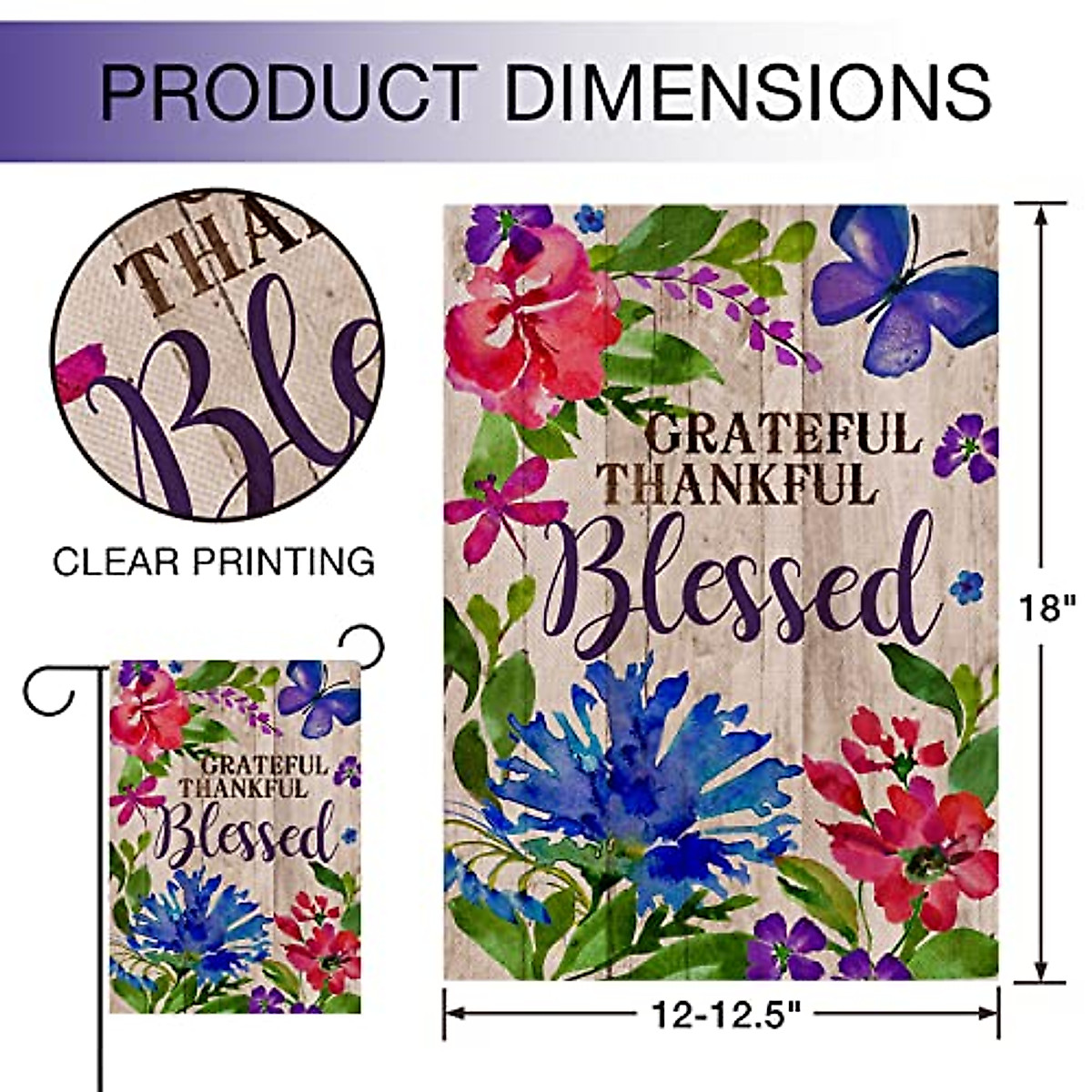 Hzppyz Grateful Thankful Blessed Thanksgiving Garden Flag, Decorative Small Outdoor Flag Flower, Rustic Burlap Christmas House Yard Flag Spring Outside Holiday Decoration Home Decor Flag 12.5 x 18