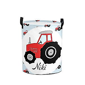 Red Tractor Pattern Laundry Basket Personalized with Name Laundry Hamper with Handle Organizer Storage Bin Bedroom Decor for Boys Girls Adults