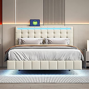 SIYSNKSI Modern Queen Upholstered Platform Bed with LED Lights, Floating Bed Frame with USB Charging and Headboard, Upholstered Platform Bed Frame for Kids Teens Adult Bedroom (Beige-055)