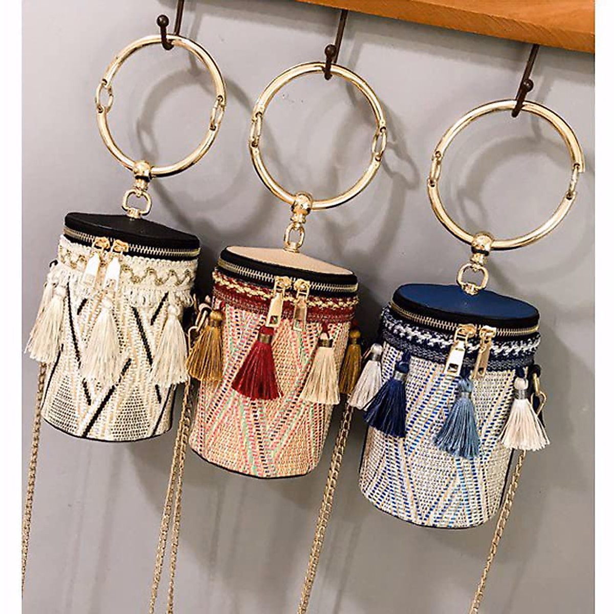 Anopo Womens Straw Shoulder Bag Embroidered Tassel Ethnic Travel Crossbody BOHO Purse Summer Beach Bohemian Handbag Tote for Girls Bucket Blue