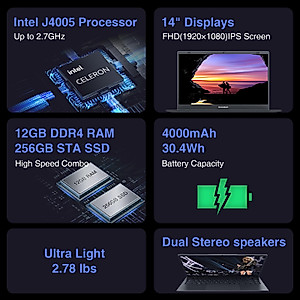 ECOHERO Laptop Computer, 12GB DDR4 RAM 256GB SSD, Intel J4005 Processor (Up to 2.7GHz), 14 Inch FHD 1920x1080 Display, Windows 11 Laptops Computers, 2.4G/5G WiFi and Bluetooth 5.1