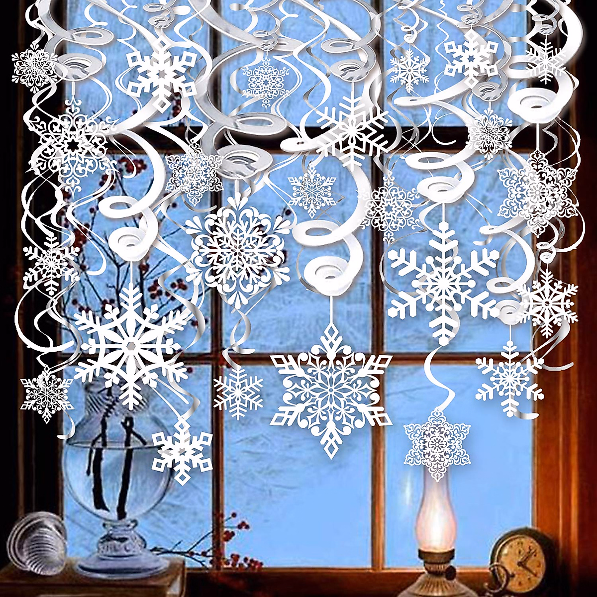 40pcs Snowflake Swirls Decoration, Konsait Merry Christmas Snowflake Hanging Swirls Garland Foil Ceiling Ornaments for Xmas Winter Wonderland Holiday Party Decor Supplies,Already Assembled