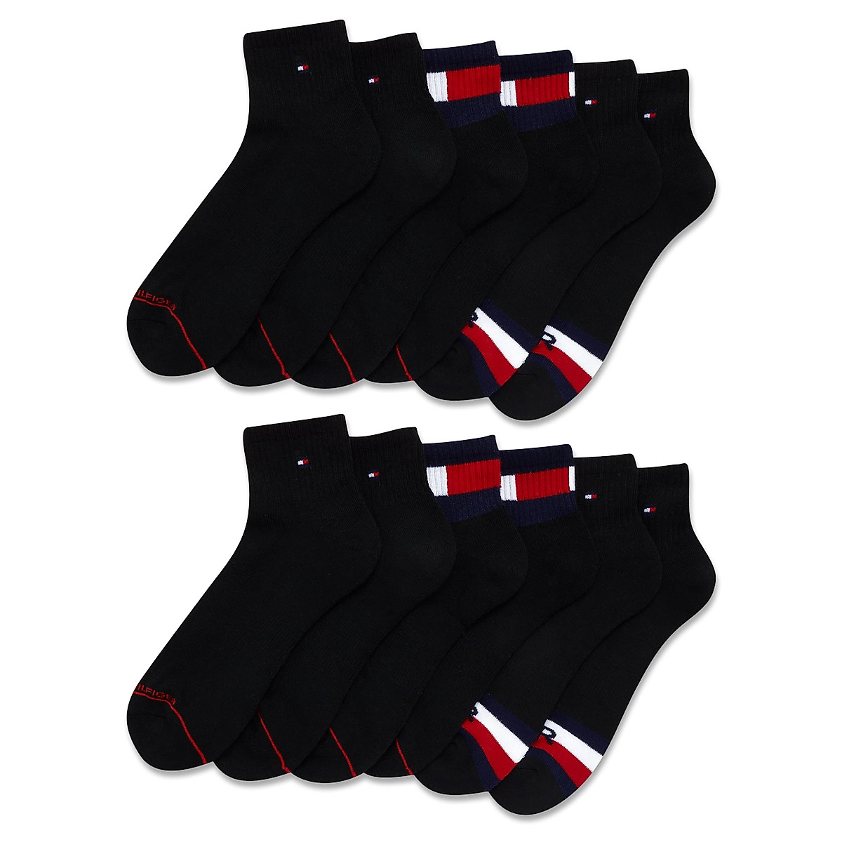 Tommy Hilfiger Men's Quarter Socks - 12 Pack Performance Cushion Comfort Socks - Breathable Athletic Socks for Men (7-12), Size 7-12, Premium Black