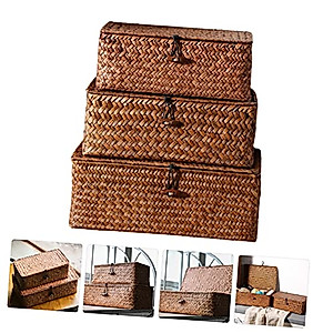Veemoon 3pcs Woven Basket Organizer Sundry Organizer Basket End Table Decor Seagrass Baskets Woven Hamper Bathroom Decorations Baskets with Lids Seaweed Storage Shelf Basket