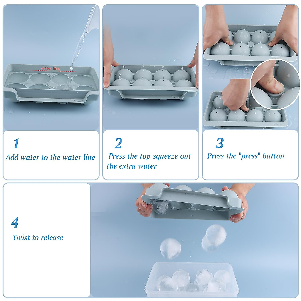 Miaowoof Large Ice Cube Tray, 2.5 INCH Ball Maker, 2 Pack Easy Release Sphere Mold with Bin&Tong, Leak-free Whiskey Mold, Fill Round for Cocktails Bourbon, Blue, largr