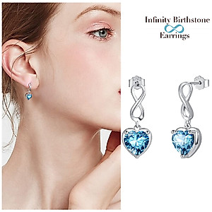 March Aquamarine Birthstone Infinity Stud Earrings - Shysnow 925 Sterling Silver Heart Shaped Cubic Zirconia Dangle Studs Infinite Symbol Birth Gem Stone Jewelry for Women