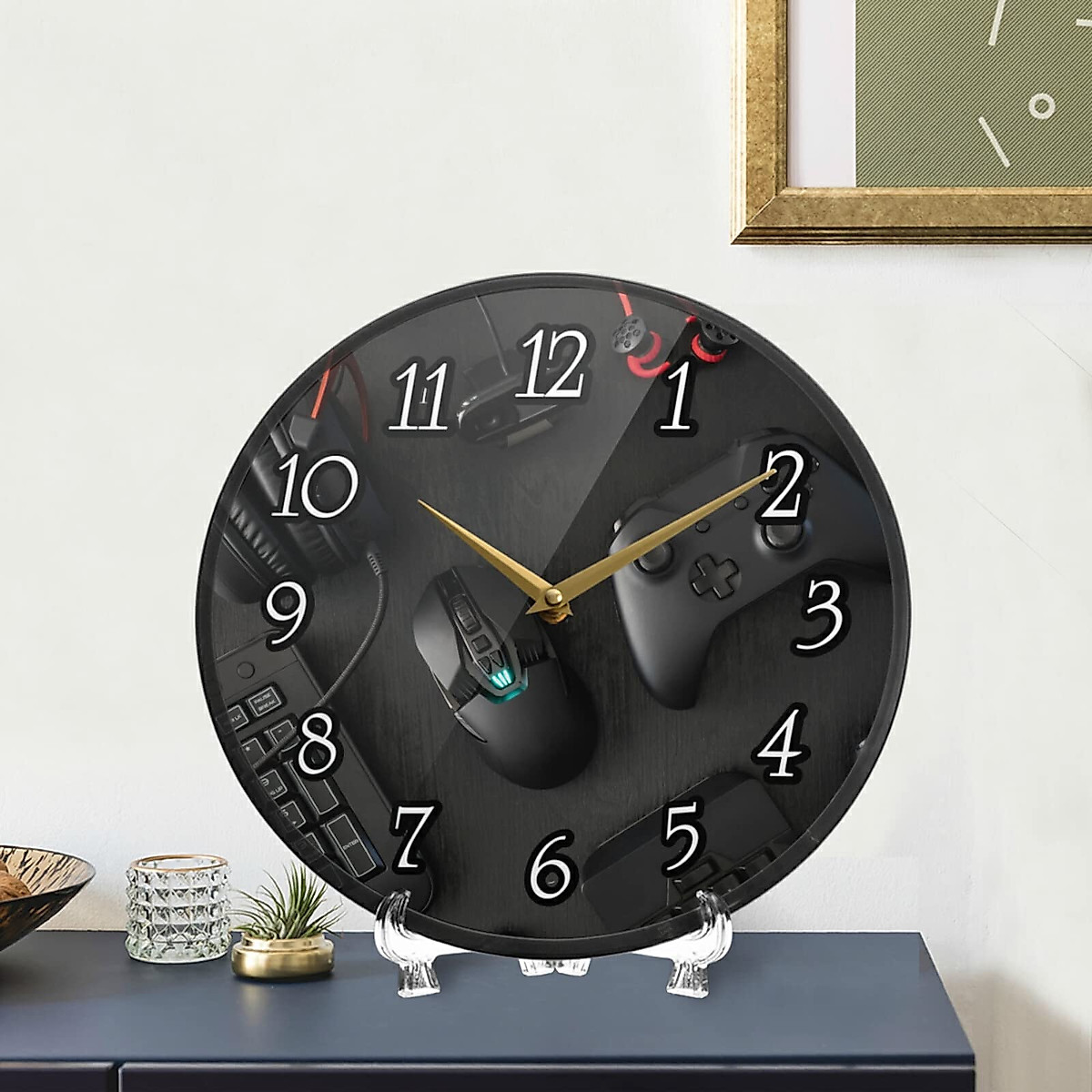 Gamer Work Space Concept Scrapbook Mouse, Keyboard, Joystick, Headset Wall Clock, Silent Non-Ticking Easy to Read Round Decorative Acrylic Wall Clock Art, for Living Room Home Office School 9.5 Inch