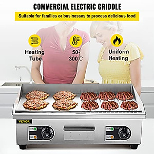 VEVOR 29" Commercial Electric Griddle,Electric Countertop Flat Top Griddle 220V 3000W Half Grooved/Flat,Non-Stick Restaurant Teppanyaki Stainless Steel Grill,Temperature Control 122°F-572°F.