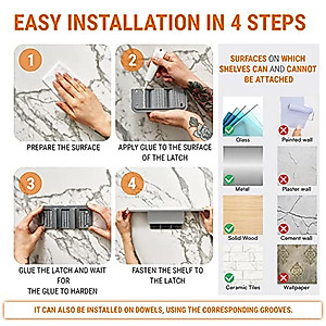 KUKAKETA Bathroom Organizer Shelf with Toothbrush Holders, Soap Dish, Shower Caddy Bathroom Shelves Wall Mounted Shower Shelf Space Saver Bathroom Storage - Adhesive or Drilling (white - light gray)