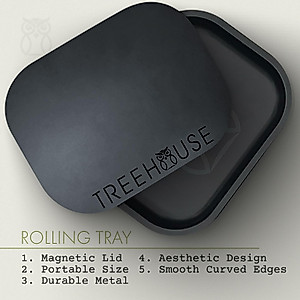 Black Treehouse Rolling Tray Set with PVC Soft Magnetic Lid, Ashtray Included for Home Storage or Travel - 7" x 5.5", Small, Cute