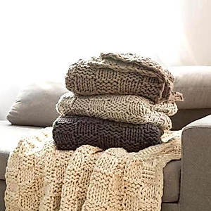 HiEnd Accents Chess Knit Throw, 50x60 inch, Taupe Solid Color, Modern Farmhouse Rustic Style Soft Cozy Warm Luxury Blanket