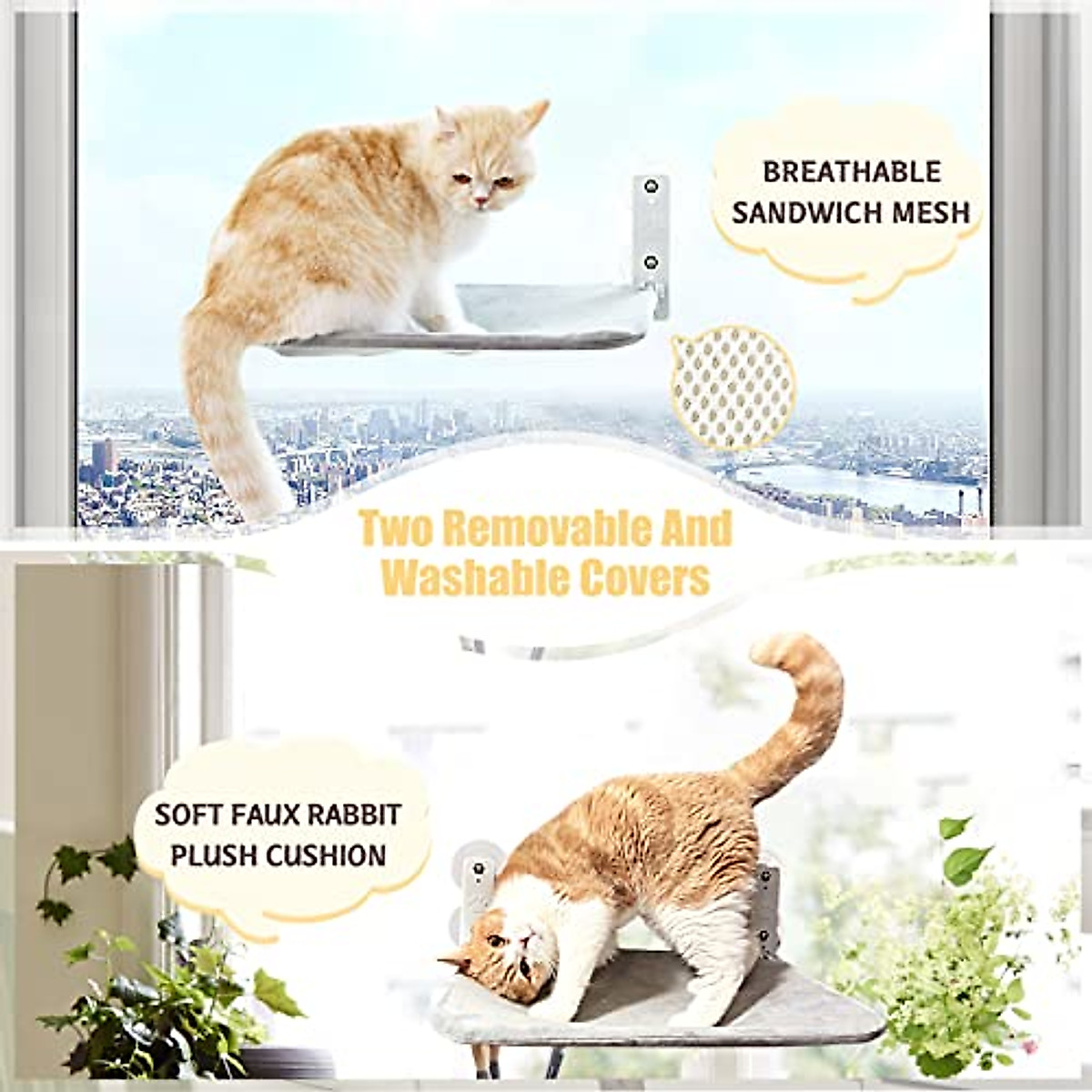 Cat Window Perch,Cat Hammock with 2 Replaceable Covers Shelf,360° Sunny Seat Foldable Space Saving Cat Beds Window Seat with Steel Frame and Strong Suction Cup for Indoor Cats （Large）
