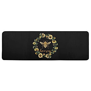 LAMANDA Kitchen Rug and Mat Set Farm Bee Sunflower on Black,Non Slip Bath Rugs Water Absorption Floor Doormat Vintage Bumblebee Floral Wreath,Washable Area Runner for Laundry Bathroom Living Room