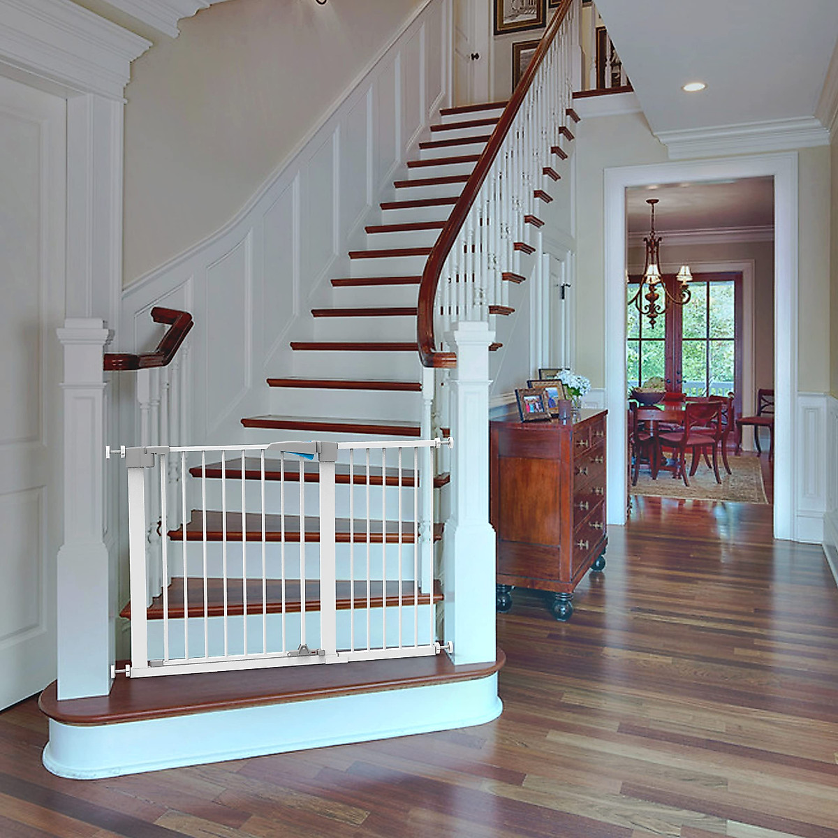 Walk Thru Baby Gate,Auto-Close Safety Pet Gate Metal Expandable Dog Gate with Pressure Mount for Stairs,Doorways,Banister (47" Wide(Include 13.8" Extension, White)