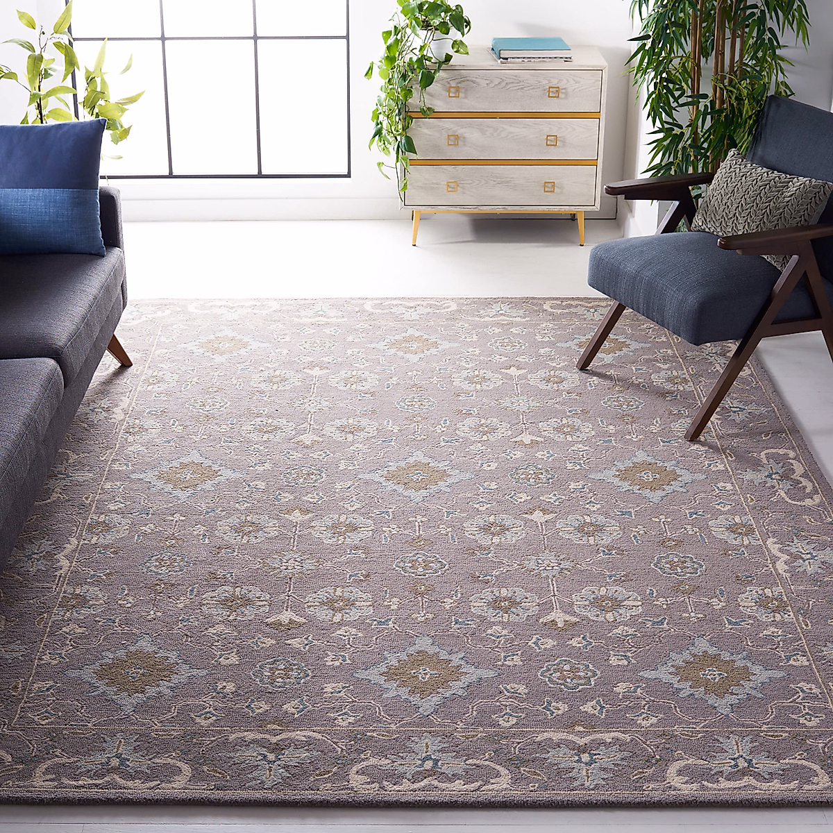 SAFAVIEH Blossom Collection Area Rug - 8'9" x 12', Grey, Handmade Wool, Ideal for High Traffic Areas in Living Room, Bedroom (BLM218A)